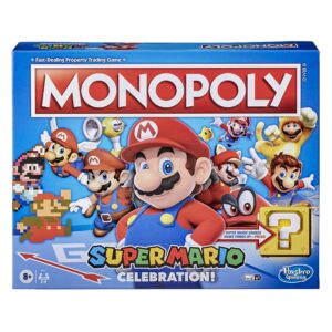 monopoly super mario celebration edition board game for super mario fans for 4 players ages 8 and up, with video game sound effects