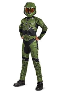 halo infinite master chief costume, kids size video game inspired character jumpsuit, classic child size large (10-12), green & black