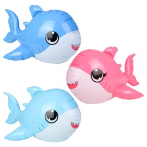 three pack of fun 24 inch inflatable pup sharks- blue - light blue and pink - perfect for birthday parties pool parties or even bathtub play - everyone will love these cute inflates!