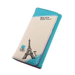 paris effiel tower cartoon pu leather wallet cash coin long purse card holder for women & girls (blue)