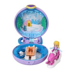 polly pocket polly snow cabin compact with removable snowmobile, bunny figure, photo customization, micro polly doll & sticker sheet; for ages 4 years old & up