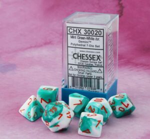 chessex lab dice 3: gemini 7pc mint green-white/orange