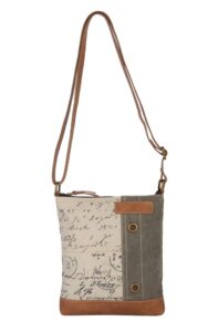 mona b. vintage script upcycled canvas crossbody bag with vegan leather trim m-5931