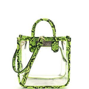 stadium approved vegan leather snake print small large clear tote bag purse (small 2 way tote - neon yellow)