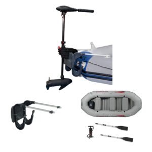 intex 12 volt 8 speed transom trolling motor bundled with motor mount kit and mariner 4 person inflatable fishing boat & accessories set