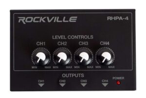 rockville rhpa4 4 channel professional headphone amplifier stereo or mono amp, black, 4.6” x 3” x 2.36”