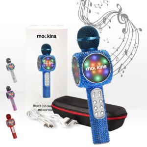 mockins blue bling karaoke microphone for kids | wireless mic with voice changer & led lights | portable microphone for singing w/ cable & carry case