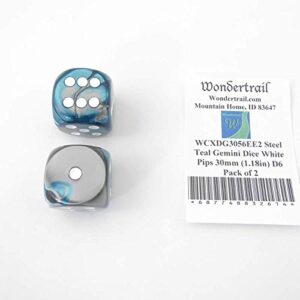 steel and teal gemini dice with white pips 30mm (1.18in) d6 pack of 2 wondertrail