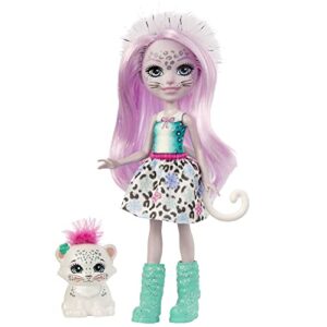 mattel enchantimals sybill snow leopard small doll (6-in) & flake animal friend figure, 6-inch small doll with removable skirt, snow boots, and fur headband, great gift for 3 to 8 year olds