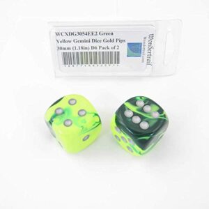 green and yellow gemini dice with gold pips 30mm (1.18in) d6 pack of 2 wondertrail