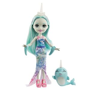 mattel enchantimals naddie narwhal doll with sword figure, 6-inch small doll with removable mermaid-inspired skirt & accessories