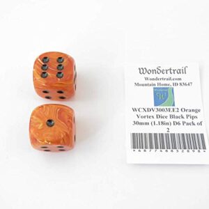 orange vortex dice with black pips 30mm (1.18in) d6 pack of 2 wondertrail