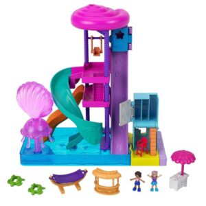 polly pocket outdoor toy with 2 micro dolls & accessories, pollyville super slidin water park playset