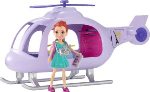 polly pocket playset, vacation helicopter with 3-inch lila doll & 10+ accessories, travel toy