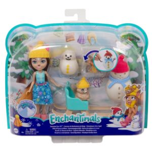 mattel enchantimals snowman face-off with sharlotte squirrel small doll (6-in), walnut animal figure, and 2 snowman figures with removable stick, buttons, carrot nose for building fun