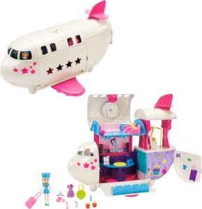 polly pocket travel toy playset with 3-inch doll & accessories, transforming fabulous flying jet airplane toy