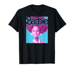 barbie afro doll classic fit t-shirt: adult round neck, black, short sleeve, cotton-polyester