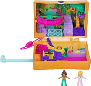 polly pocket playset, travel toy with 2 micro dolls, pet sloths & surprise accessories, jungle safari compact