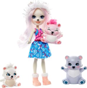 enchantimals family set with pristina polar bear small doll & 3 animal sibling figures, snowy valley toy collection