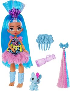 mattel cave club tella doll (8-10-inch, blue hair) poseable prehistoric fashion doll with dinosaur pet and accessories, gift for 4 year olds and up