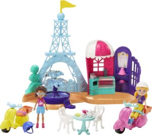 polly pocket perfectly paris playset with 3-in polly and shani dolls, 2 scooters, 2 helmets, eiffel tower, fountain, cafe, table & 2 chairs; for ages 4 years old & up [amazon exclusive]