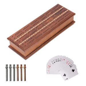 gse games & sports expert 2-track wooden cribbage board game box with playing cards, metal pegs and storage drawer, classic cribbage board with large storage