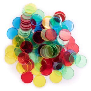 100 jumbo 1.25" bingo chips for large print cards - educational stem resource - large translucent colored counting markers