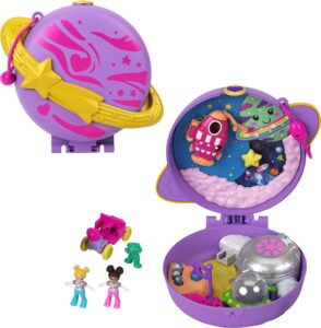 polly pocket playset with 2 micro dolls, toy car & surprise accessories, saturn space explorer compact for travel