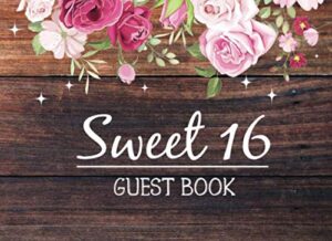 sweet 16 guest book: rustic pink floral wood cover theme