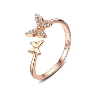 sterling silver cute butterfly open rings for women girls adjustable birthstone cz crystal dainty animal statement promise engagement wedding ring eternity finger band (rose gold)