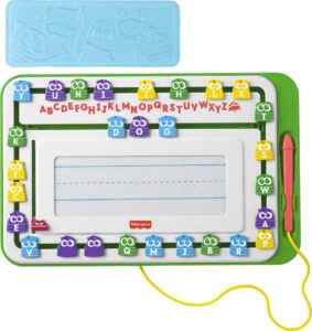 fisher-price storybots slide writer, mess-free magnetic drawing tablet with tethered pen and character stencil for preschool kids ages 3 years and up