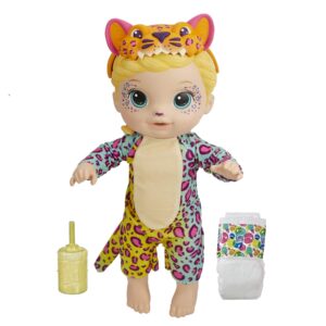 baby alive rainbow wildcats doll, leopard, accessories, drinks, wets, leopard toy for kids ages 3 years and up, blonde hair