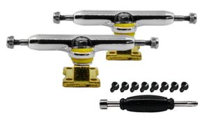 teak tuning prodigy fingerboard trucks with upgraded lock nuts, beamers colorway - 32mm wide - professional shape, appearance & components - includes pro duro 61a bubble bushings in teak teal