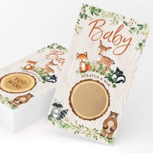 printed party baby shower game – woodland scratch off cards for boy or girl, forest animal theme, 30 cards & stickers