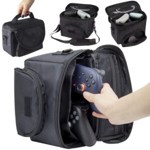 orzly carry bag for google stadia - multiplayer pro-travel case - features storage compartments & pockets - plus handle & strap for portability - fits two stadia controllers, chromecast & cables etc