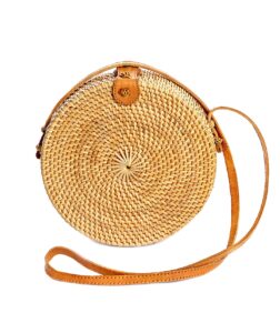 rattan bags for women - handmade wicker woven purse handbag circle boho bag bali (brown small)