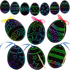 48 pieces scratch paper easter scratch craft art easter day ornaments colorful scratch easter day rainbow cutouts with 48 wooden sticks and 48 colorful ribbons for kids church class (egg)