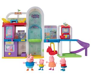 peppa pig shopping mall with family, includes 1 connectable mall playset, 4 character toy figures, 2 chairs, 1 pizza table, 1 toy boat – for kids - amazon exclusive