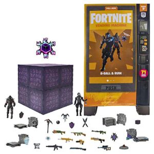 fortnite large vending machine, 2 figure pack - features ruin and 8-ball 4 inch collectible action figures - includes 24 ‘the cube’ pieces, 10 weapons, 8 back bling, 3 harvesting tools, and more