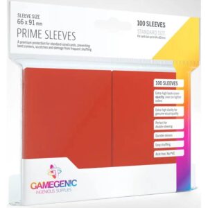 prime standard-sized card sleeves | 100 pack of 66 mm by 91 mm card sleeves | premium quality card game holder | use with tcg and lcg games | extra high clarity | red color | made by gamegenic