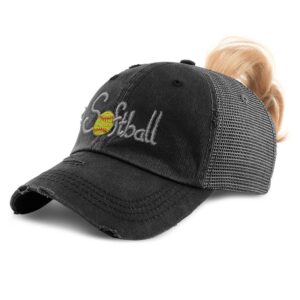 speedy pros womens ponytail cap softball embroidery cotton distressed trucker hats strap closure black