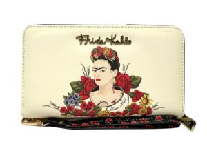 frida kahlo flower collection around zip wallet with wristlet (black)