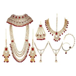 steorra jewels traditional wedding indian bollywood bridal jewelry set | red long choker | necklace, earrings, maang tikka, nath paasa & hath phool in faux kundan beads