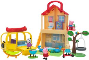 peppa pig pop n’ playhouse & play n’ go campervan combo pack playset, 15 pieces - includes 4 character toy figures plus accessories - toy gift for kids - ages 2+