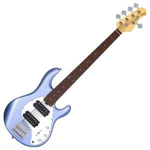 sterling by music man 5 string bass guitar, right, lake blue metallic (ray5hh-lbm-r1)