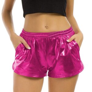 shakumy women metallic shorts sparkly shiny elastic waist yoga sport workout lounge shorts with pockets summer hot pants