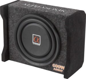 alphasonik as8df 8 inch 600 watts 4-ohm down fire shallow mount flat enclosed sub woofer slim thin loaded subwoofer air tight sealed bass enclosure