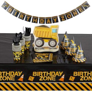 construction birthday party dinnerware, banner, hats (serves 24, 146 pieces)