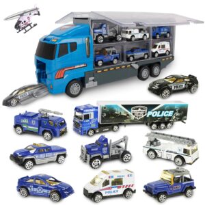 jenilily police car toy blue truck toy transporter mini vehicles playsets in carrier truck for kids 3 4 5 6