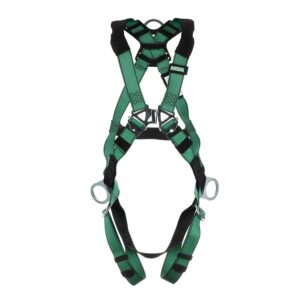 msa 10197231 v-form full body safety harness - size: extra large, d-ring configuration: back/hip, qwik fit leg straps, color: green, full body harness, durable, fall protection